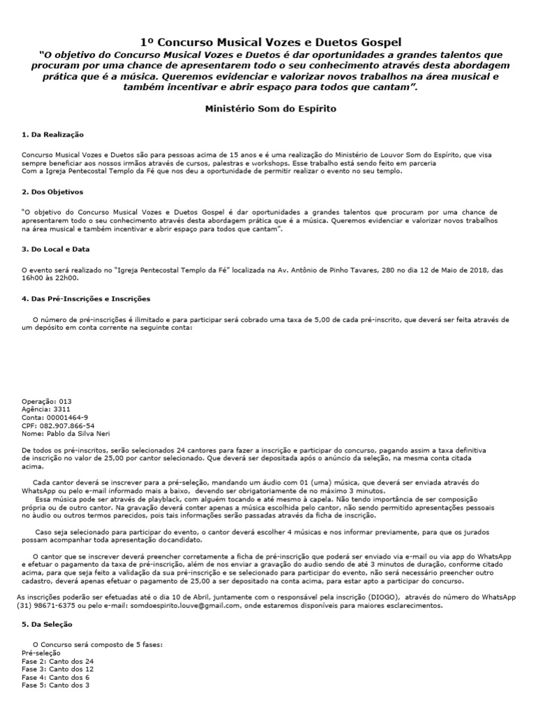 1º Concurso Musical Vozes e Duetos Gospel - Original | PDF 1º Concurso Musical Vozes e Duetos Gospel - Original | PDF