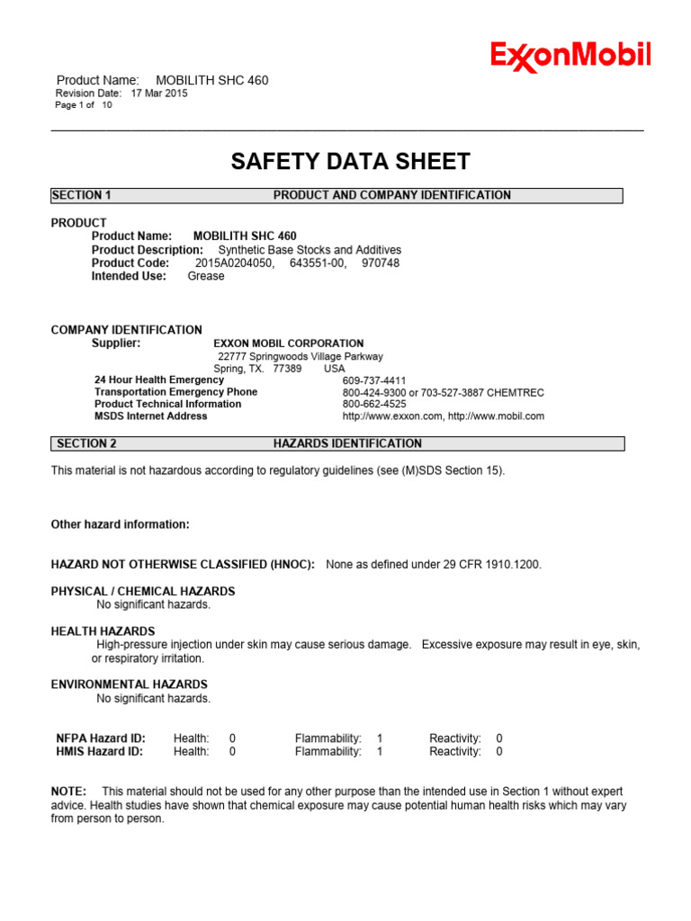 Mobilith SHC 460 Msds | PDF | Safety | Physical Sciences
