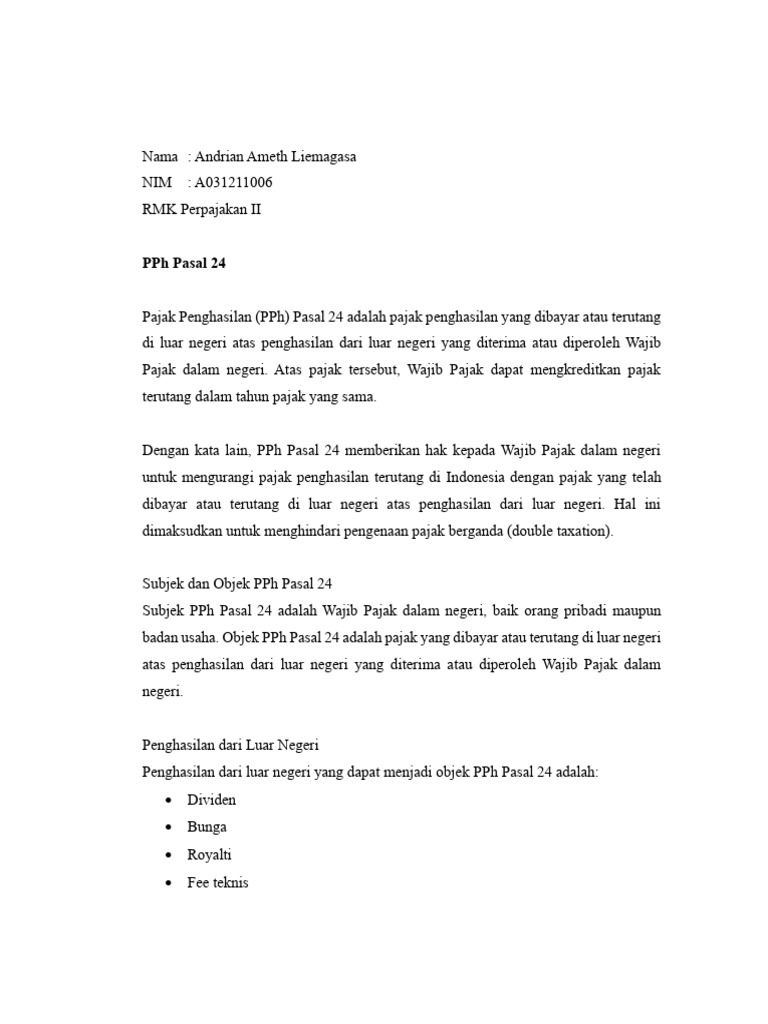 RMK Perpajakan II - Andrian Ameth A031211006 - PPH Pasal 24 | PDF