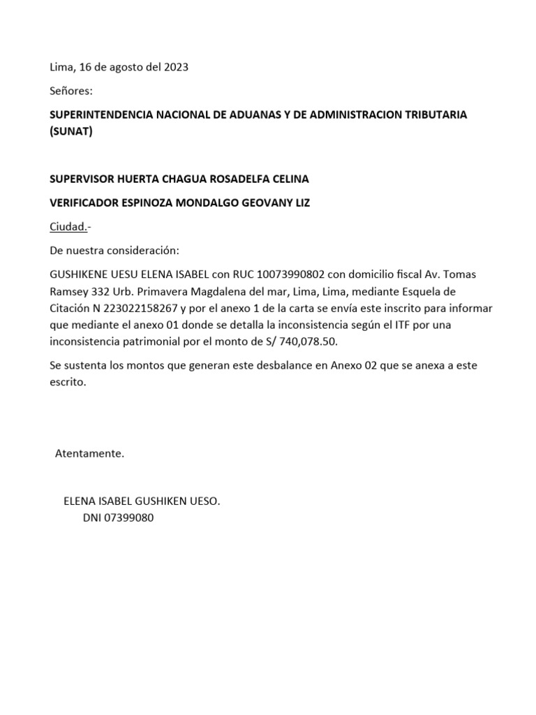 Carta Sunat Joisy | PDF