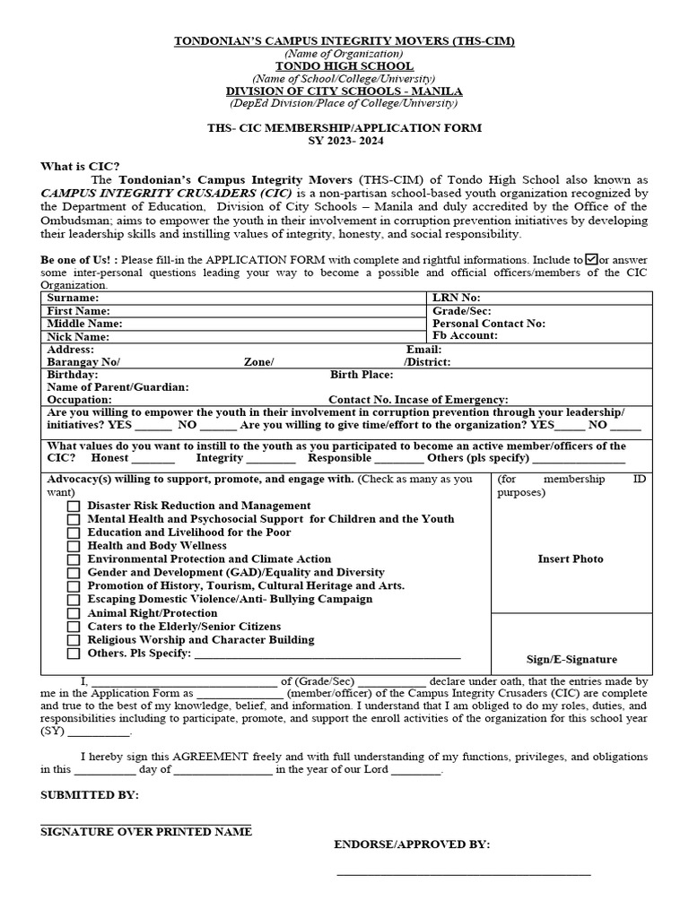 THS - Cic Membership - Application Form | PDF | Justice | Crime & Violence