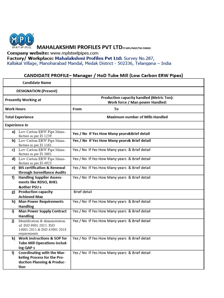 Mahalakshmi Profiles PVT LTD: Candidate Profile - Manager / Hod Tube Mill (Low Carbon Erw Pipes ...