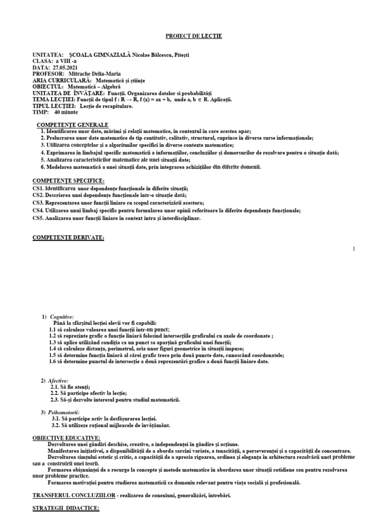 DELIA 8 Proiect Lectie Cls. VIII 2021-Functia | PDF