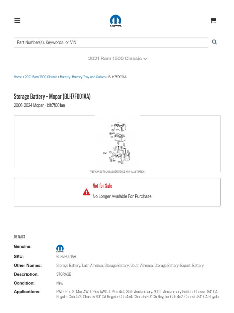 2006-2024 Mopar Storage Battery BLH7F001AA - Mopar Estores | PDF ...