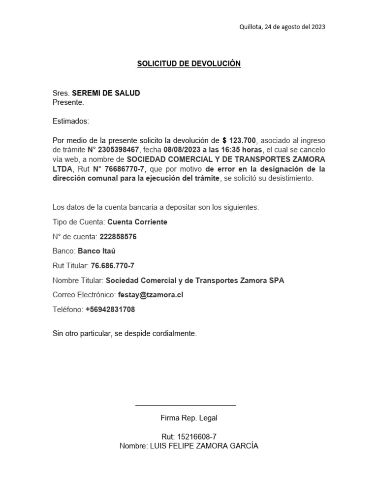 Solicitud de Devolución Desistimiento | PDF