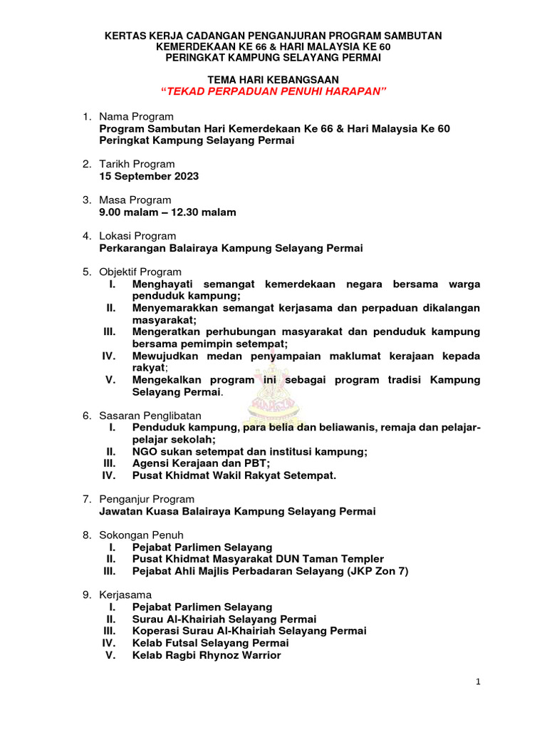 Review Kertas Kerja Penganjuran Sambutan Merdeka 2023 | PDF