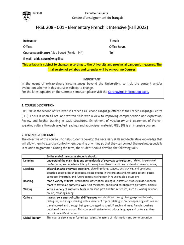 FRSL 208-001 - Syllabus - Fall 2022 | PDF