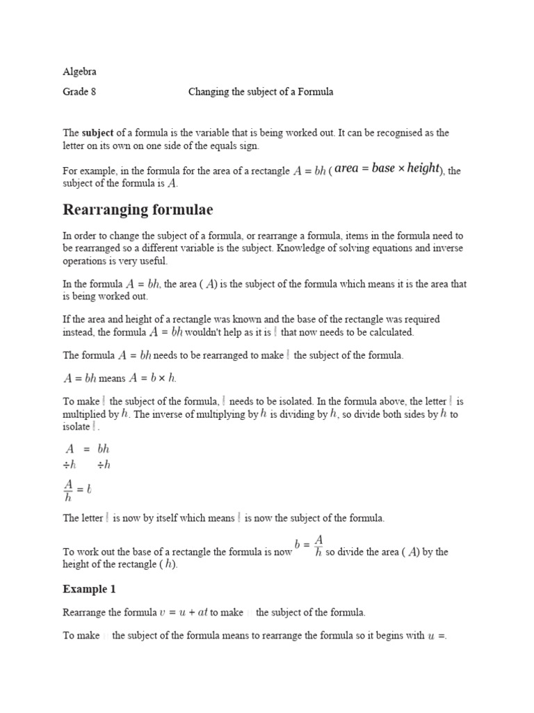 Algebra - Grade 8 Change of Subject Notes and Practice | PDF