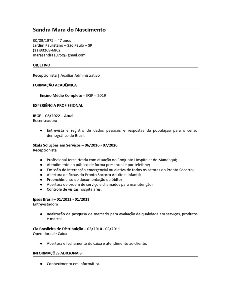 Currículo Sandra Mara do Nascimento-1 | PDF