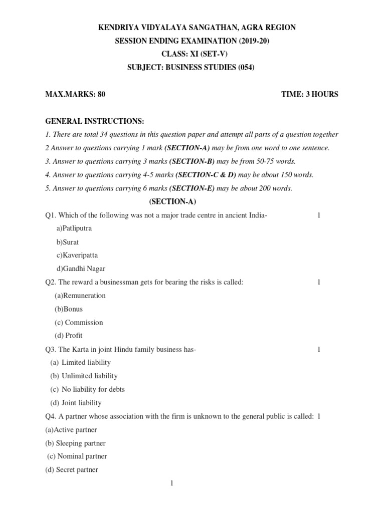 KVS Agra XI BST Annual Exam QP & MS 2019 | PDF | Business | Technology & Engineering