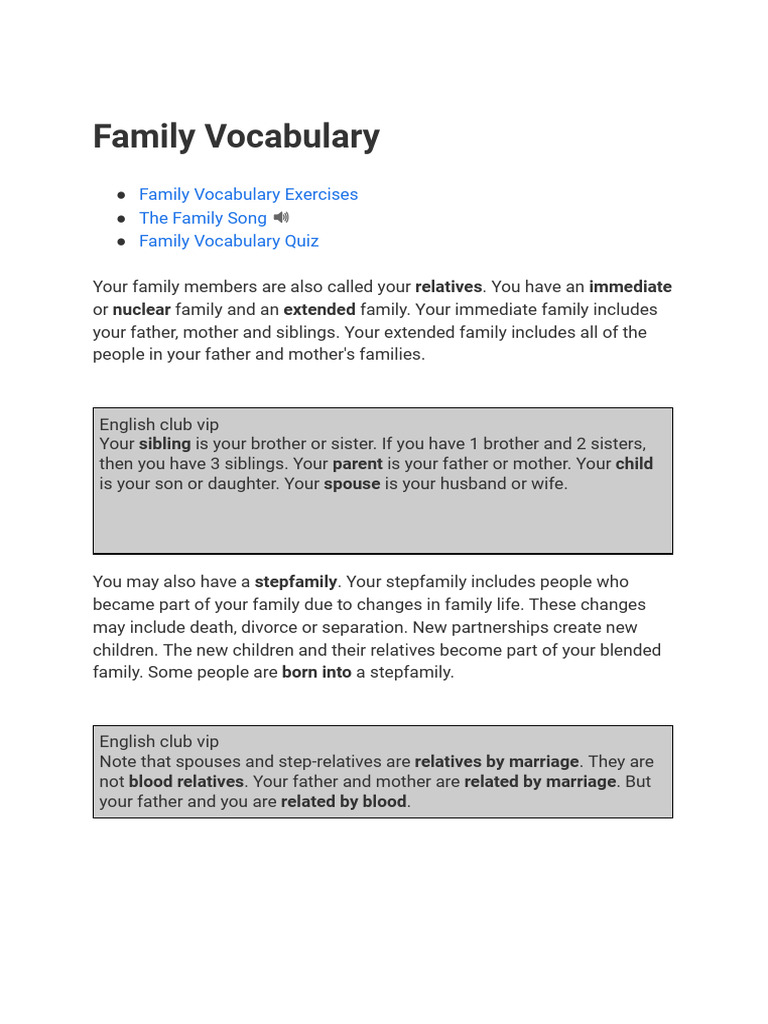Family Vocabulary Guide & Exercises | PDF