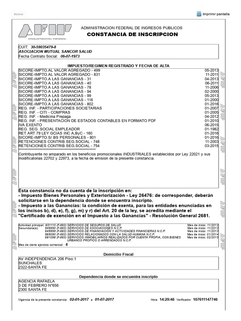 Ams - Constancia Inscripcion Afip - Asoc. Mutual Sancor Salud | PDF ...