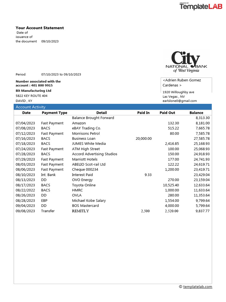 Bank Statement Template 2 TemplateLab 2 | PDF | Payments | Banking ...