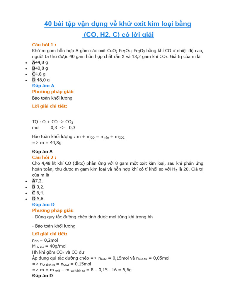 40 Bài Tập Vận Dụng Về Khử Oxit Kim Loại Bằng CO, H2 Có Lời Giải | PDF