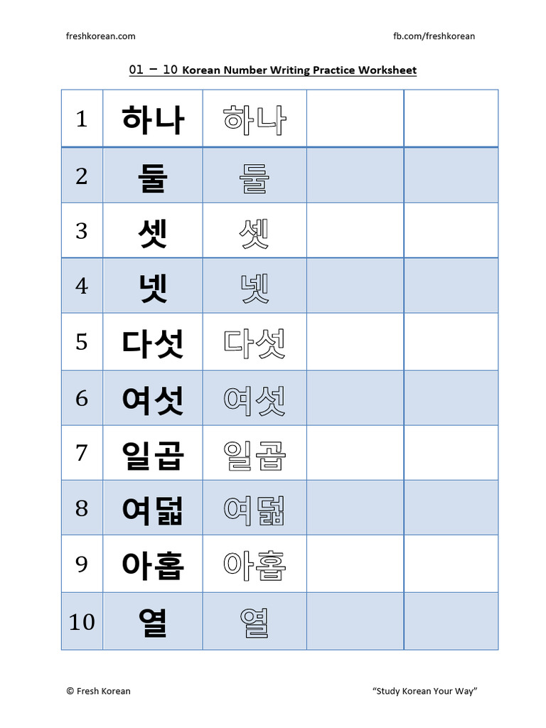 01 - 10 Korean Number Writing Practice Worksheet Author Fresh Korean | PDF