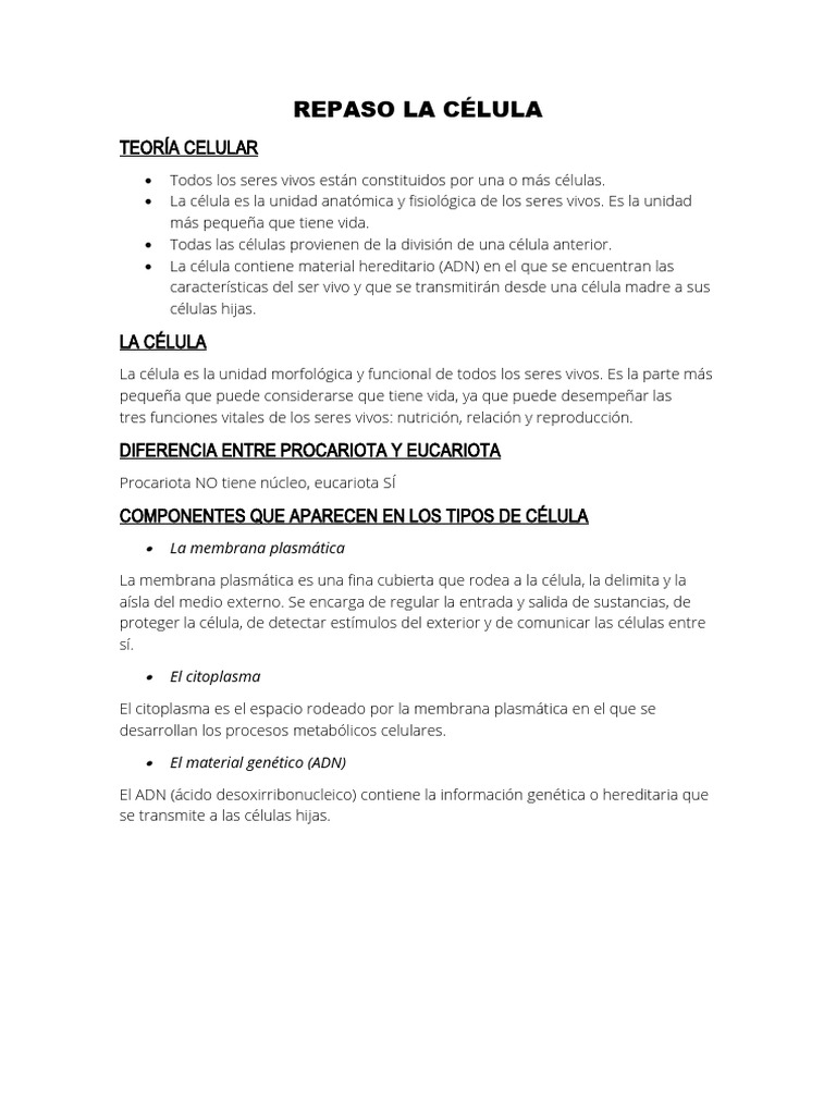 Repaso La Célula | PDF | Biología Celular) | Organismos