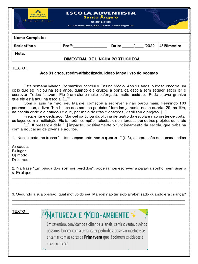 Prova DE PORTUGUÊS 4º Bimestre P2 | PDF | Escolas