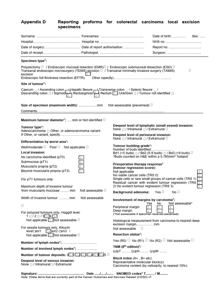 Appendix D Reporting Proforma For Colorectal Carcinoma Local Excision Specimens | PDF