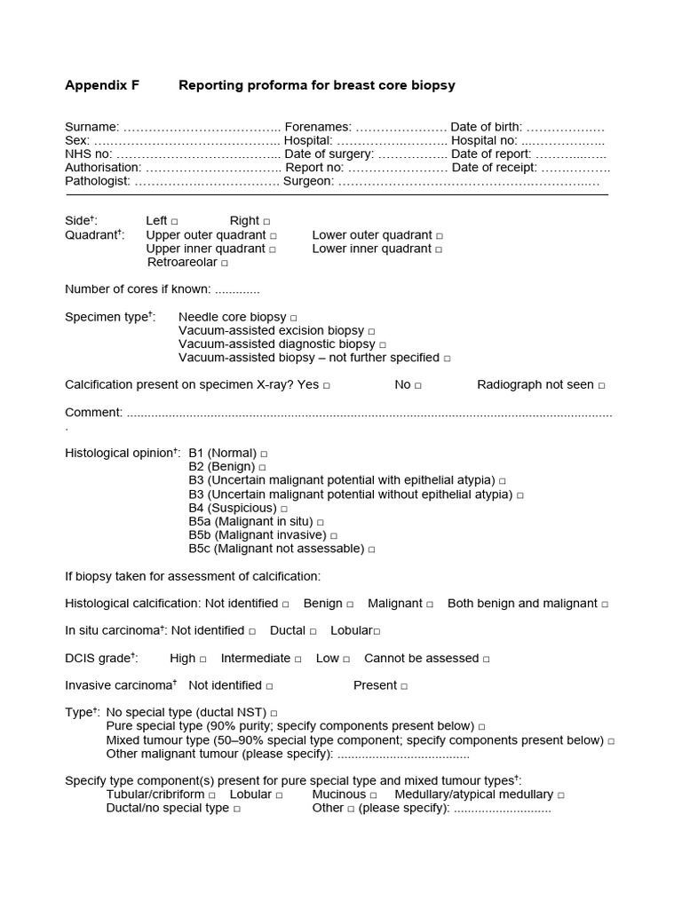 Breast Core Biopsy Reporting Proforma | PDF