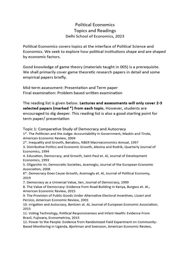 Political Economics Syllabus | PDF | Finance & Money Management | Politics