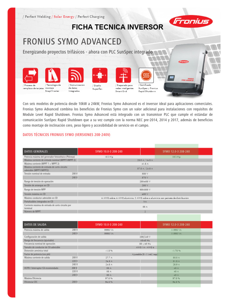 Fronius Symo 12: Datos Técnicos y Eficiencia | PDF | Ingeniería ...