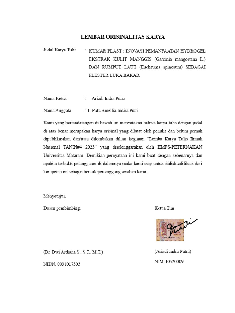 Lembar Orisinalitas Karya | PDF