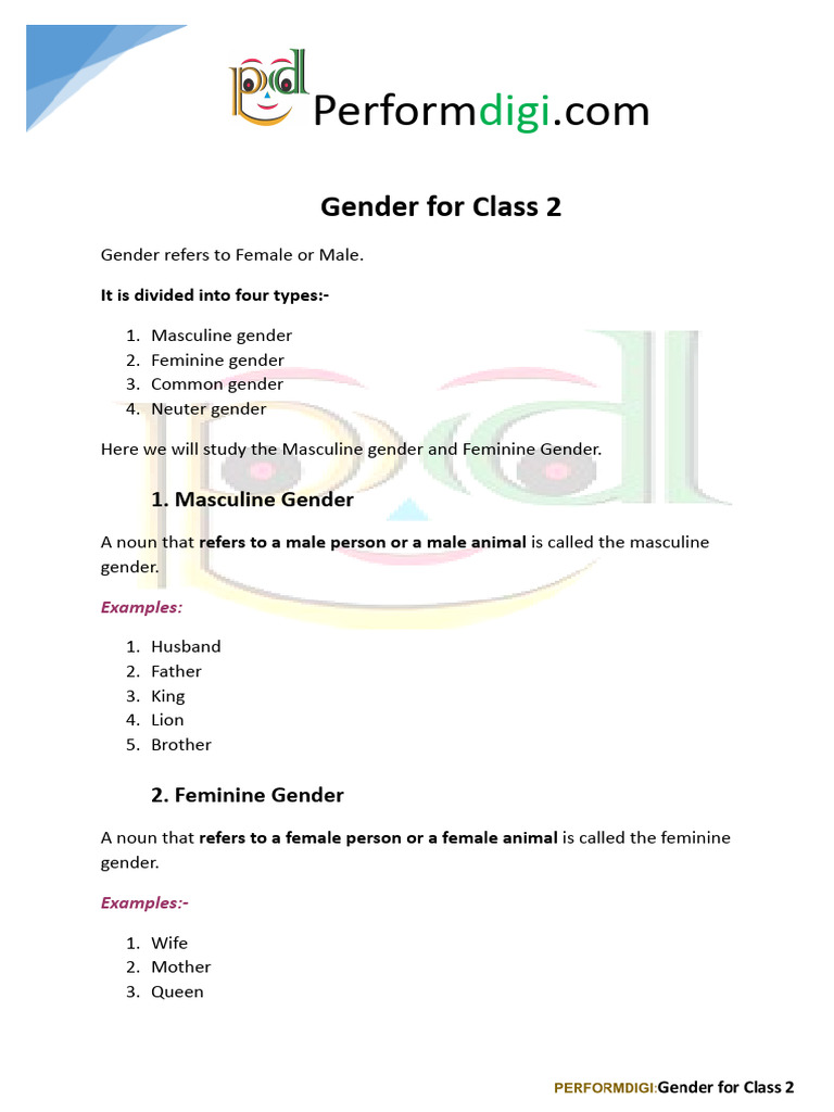 Gender For Class 2 | PDF | Grammatical Gender | Linguistic Morphology