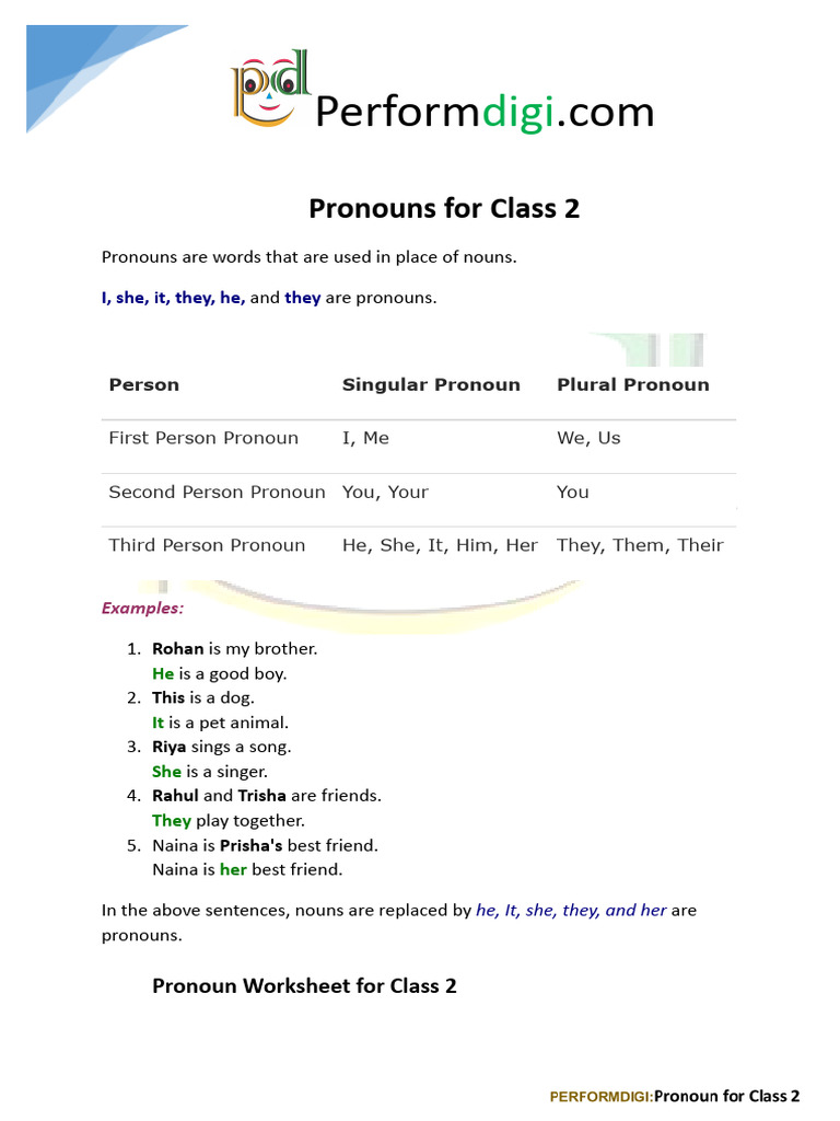 Pronoun For Class 2 | PDF