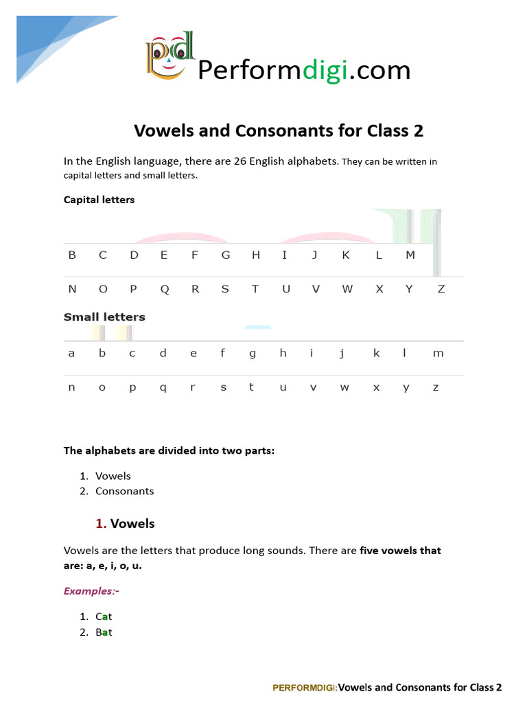 Vowels and Consonants For Class 2 1 | PDF