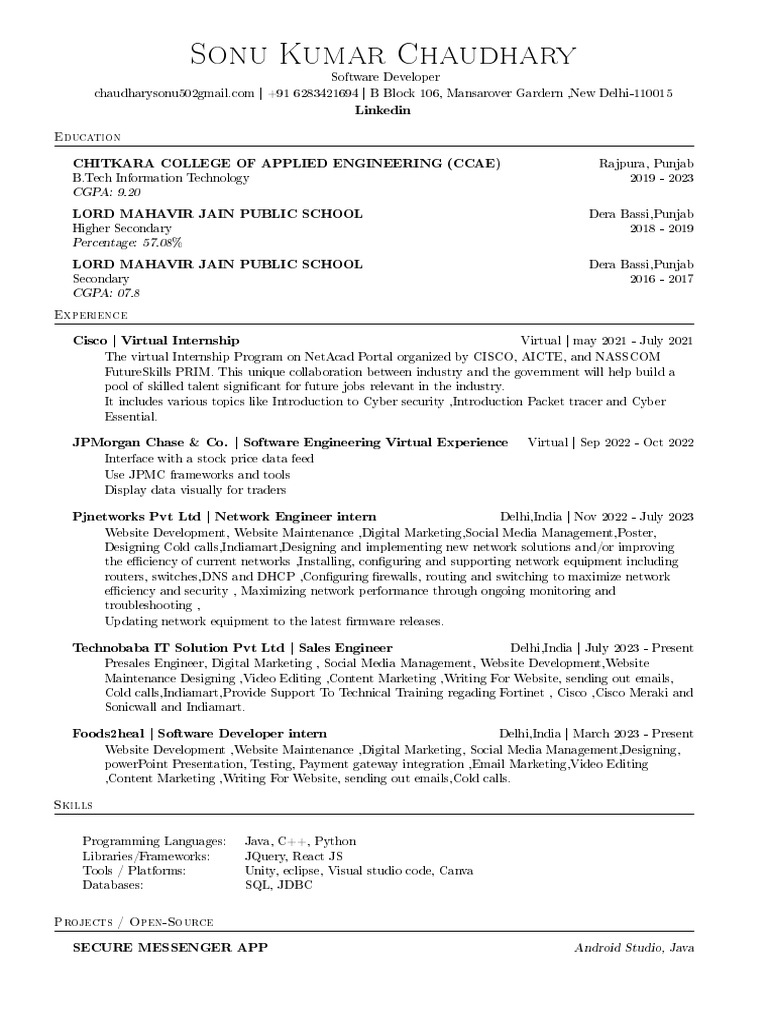 Sonu Chaudhary's Resume | PDF