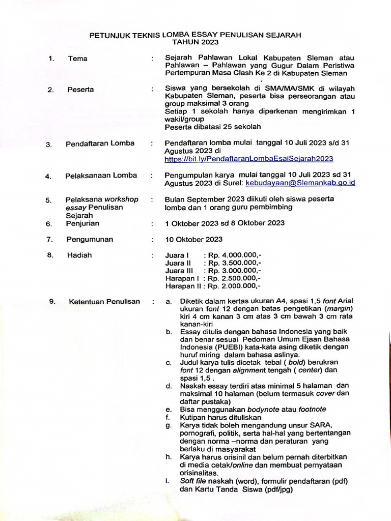 Petunjuk Teknis Lomba Essay Penulisan Se | PDF