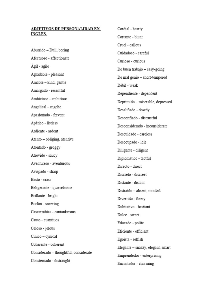 Adjetivos de Personalidad en Ingles | PDF