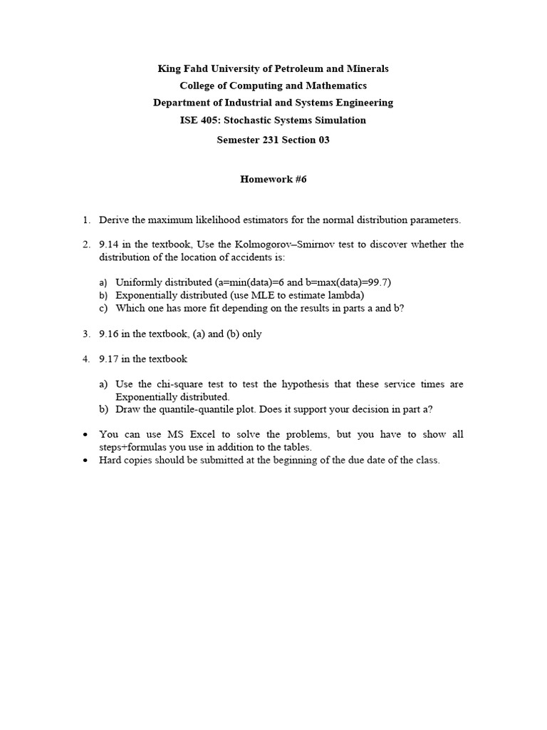 Homework 06 Chapter 09 Input Modeling (Selecting A Distribution) | PDF | Technology & Engineering