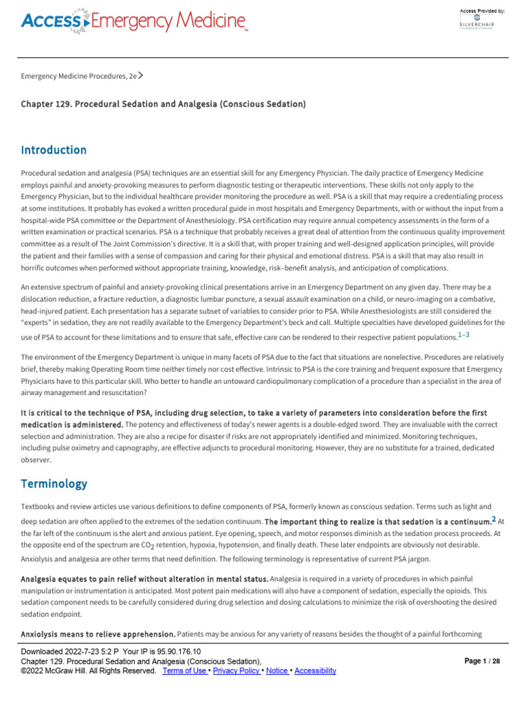 Chapter 129. Procedural Sedation and Analgesia (Conscious Sedation) | PDF