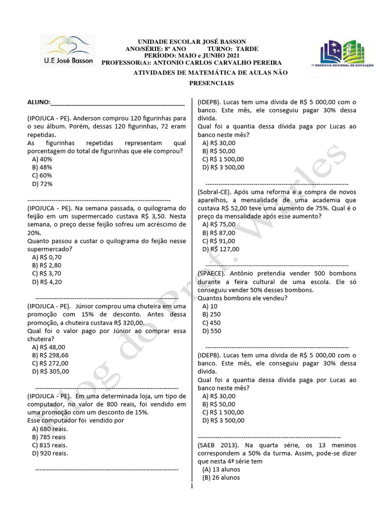 Atividades Matemática 8º Ano Maio e Junho 2021 | PDF
