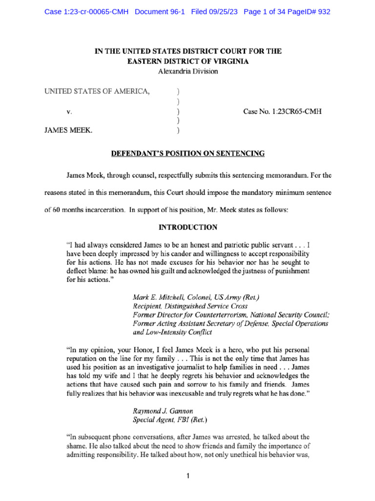 Defendant's Position On Sentencing in United States v. James Meek | PDF