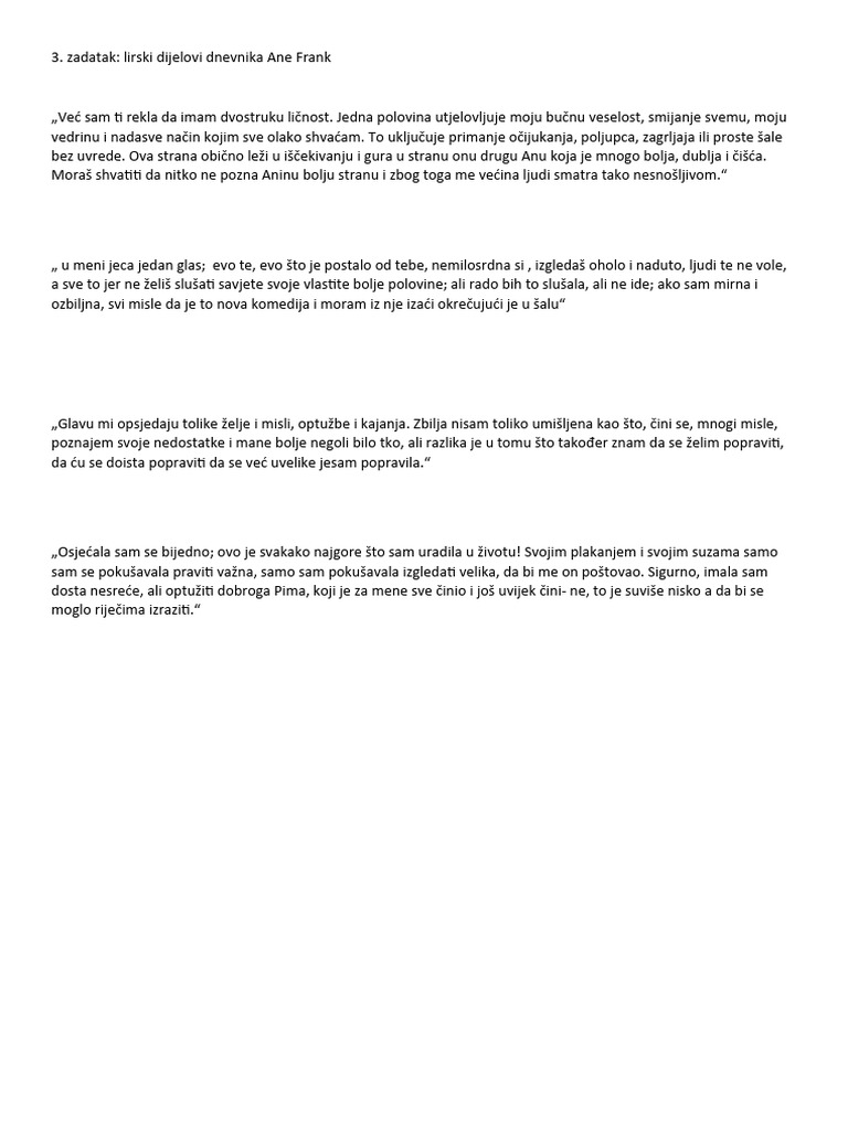Dnevnik Ane Frank - 3. Zadatak (Lirski Dijelovi) | PDF