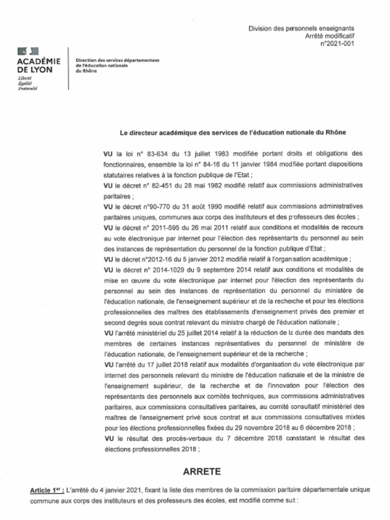 Dsden69 - Arr T Fixant La Liste Des Membres de La Commission Paritaire D Partementale Unique ...
