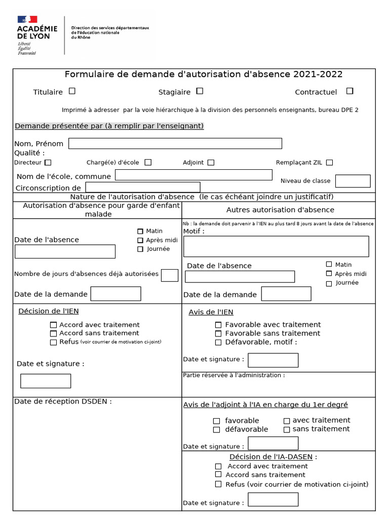 Dsden69 - Formulaire de Demande D Autorisation D Absence 20939 - 0 | PDF