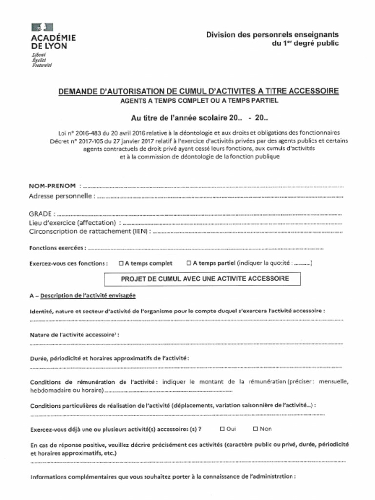 Dsden69 - Demande D Autorisation de Cumul D Activit Accessoire L Activit Principale 42567 | PDF