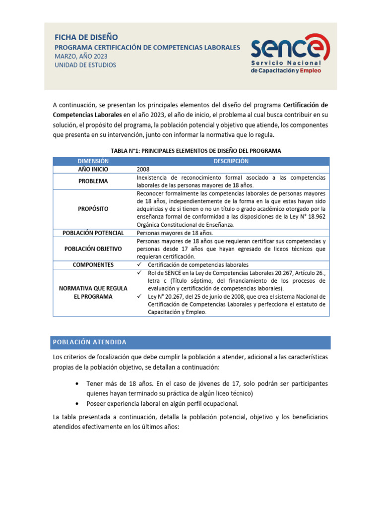 Ficha de Diseno Programa Certificacion de Competencias Laborales Ano 2023 | PDF