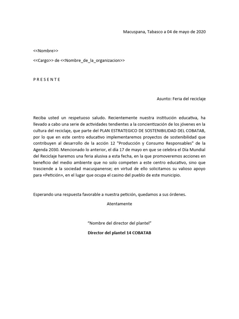 Carta Peticion Feria Del Reciclaje | PDF
