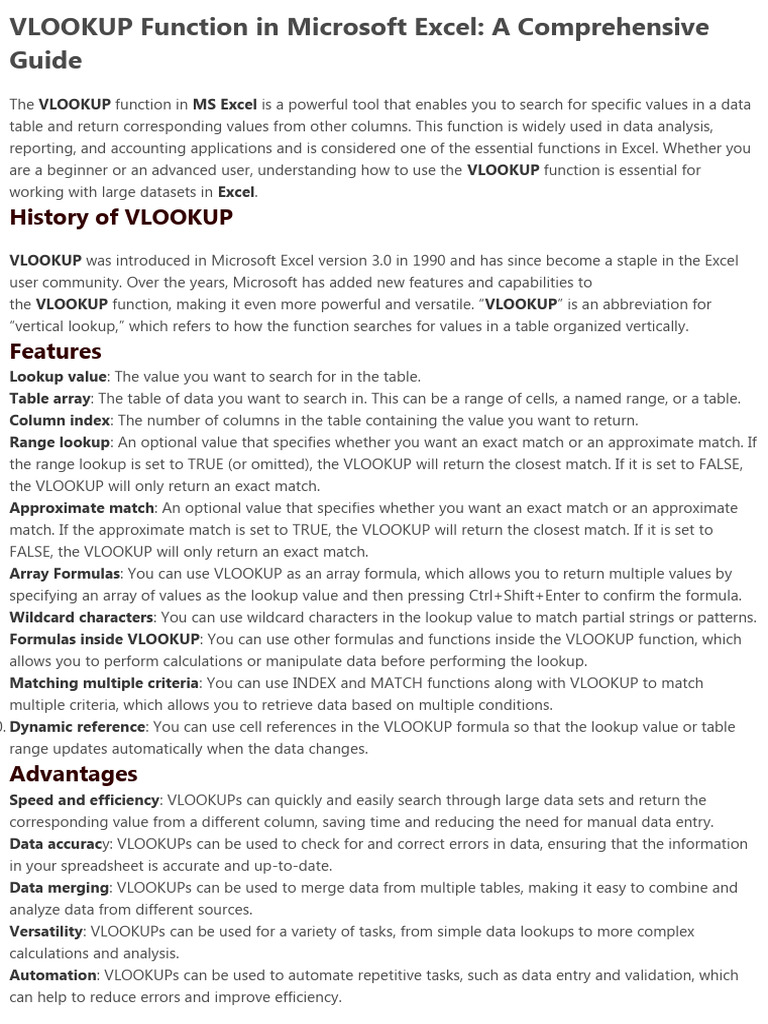 Vlookup Function In Microsoft Excel A Comprehensive Guide Pdf