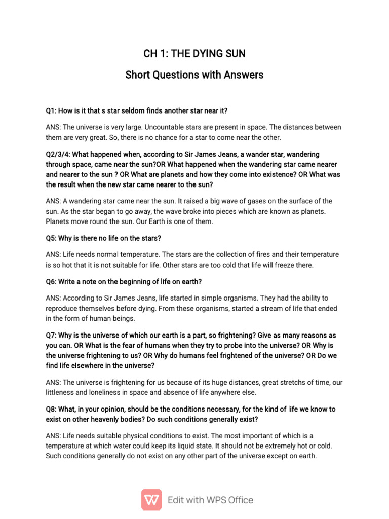 CH 1 - THE DYING Sun Question answer-WPS Office | PDF