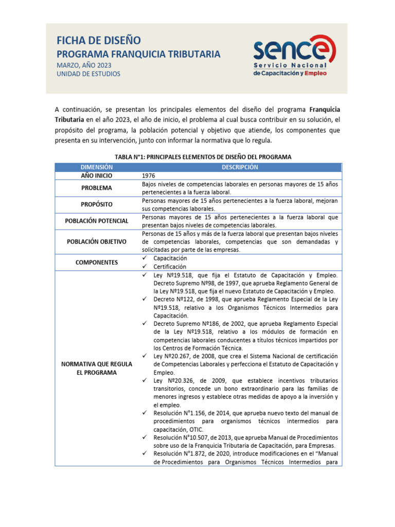 Ficha de Diseno Programa Franquicia Tributaria Ano 2023 | PDF | Business | Evaluación