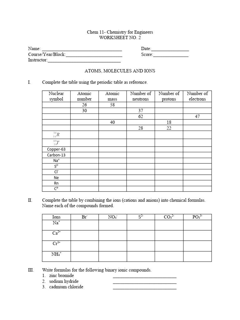 Chemistry Worksheet No. 2 | PDF