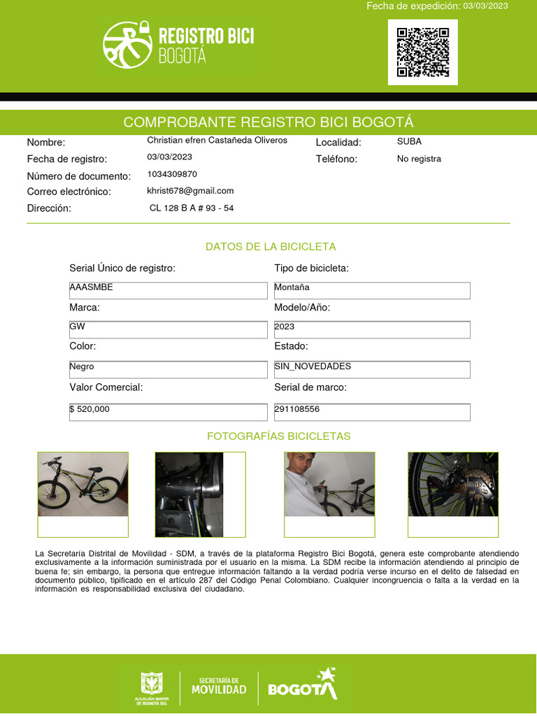 Comprobante Registro bici-AAASMBE | PDF