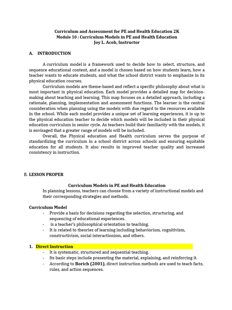 Module 10 Curriculum Models in PE and Health Education | PDF | Curriculum | Learning