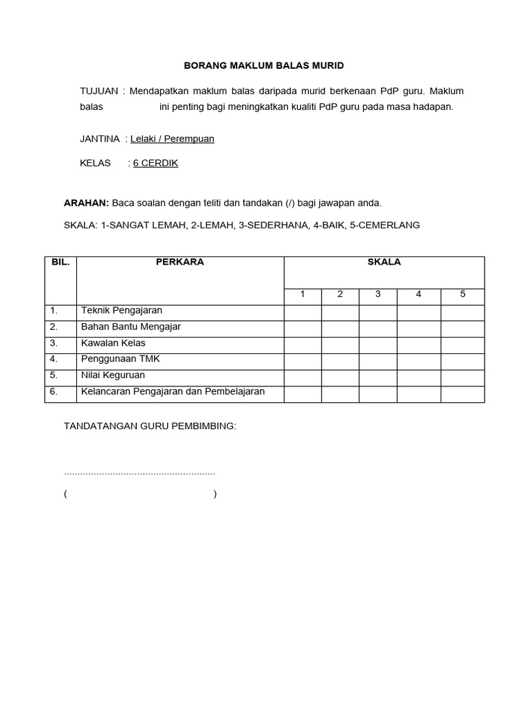 Borang Maklum Balas Murid | PDF