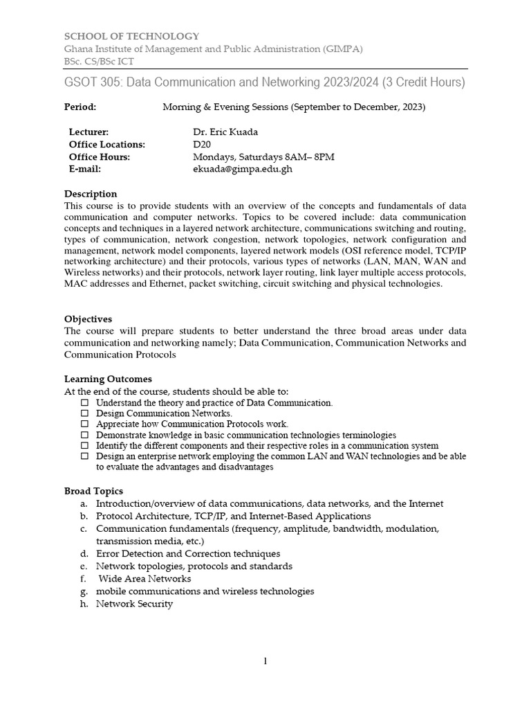 Gsot305 Datacommunicationandnetworking 2023 2024course Outline Kuada Pdf